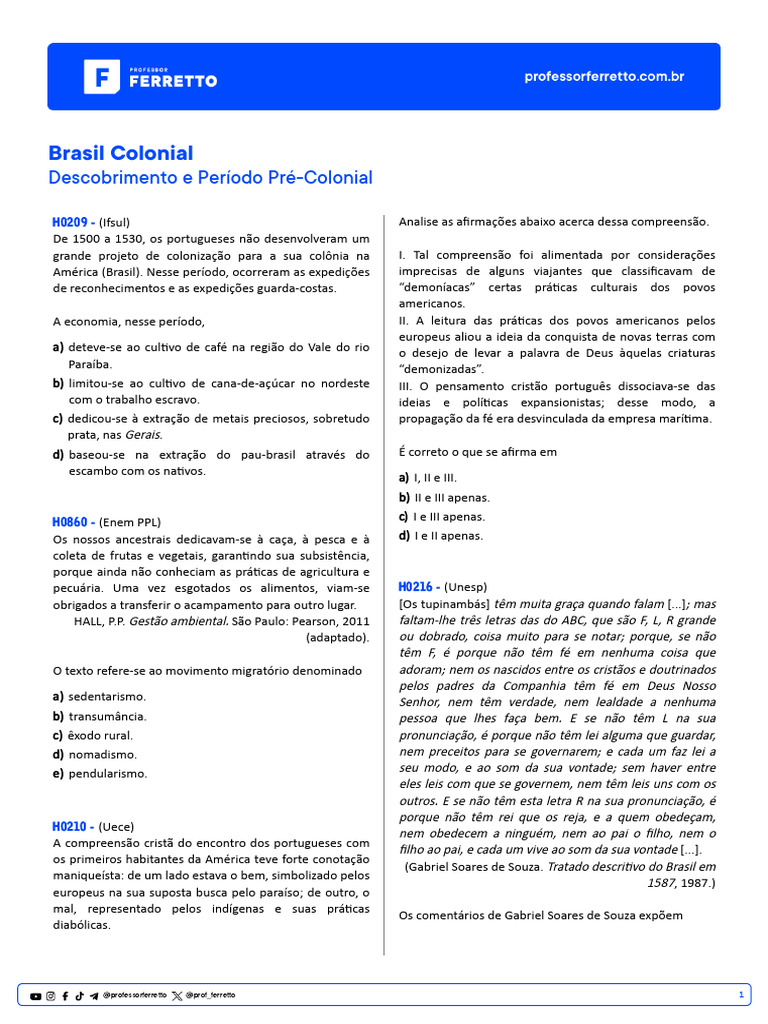 Questions - Historia Do Brasil - Brasil Colonial - Descobrimento e Periodo Pre Colonial | PDF ...
