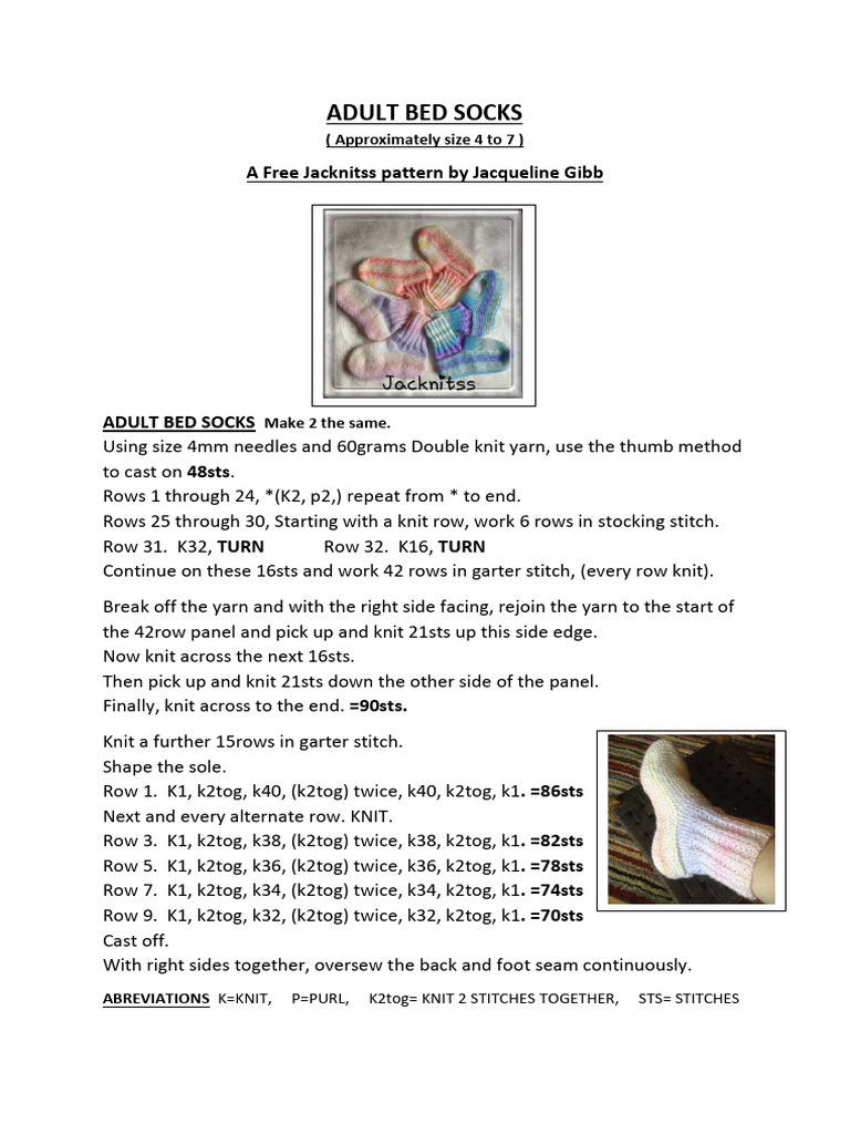 Free Adult Bed Socks Knitting Pattern | PDF
