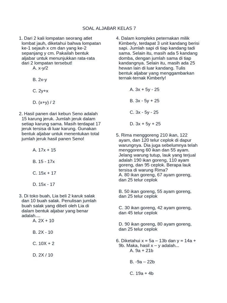 Soal Aljabar Kelas 7 | PDF