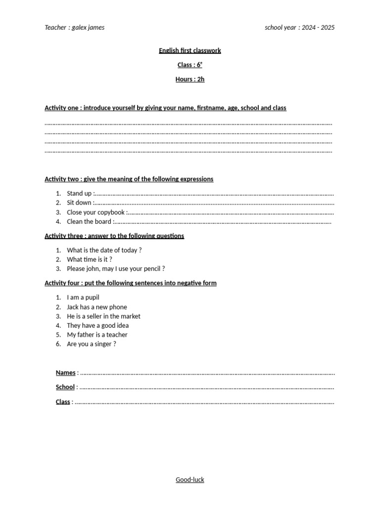 English first classwork 6 | PDF