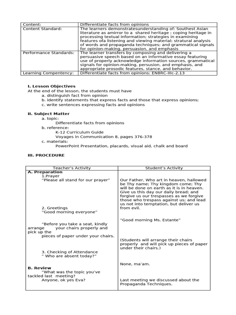 Differentiate Facts from Opinions Lesson | PDF | Propaganda | Persuasion