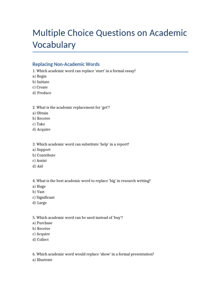 Academic Vocabulary Multiple Choice Questions | PDF