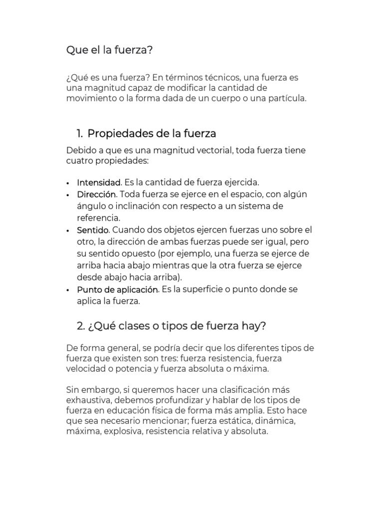 Tipos y propiedades de la fuerza | PDF | Fuerza | Músculo
