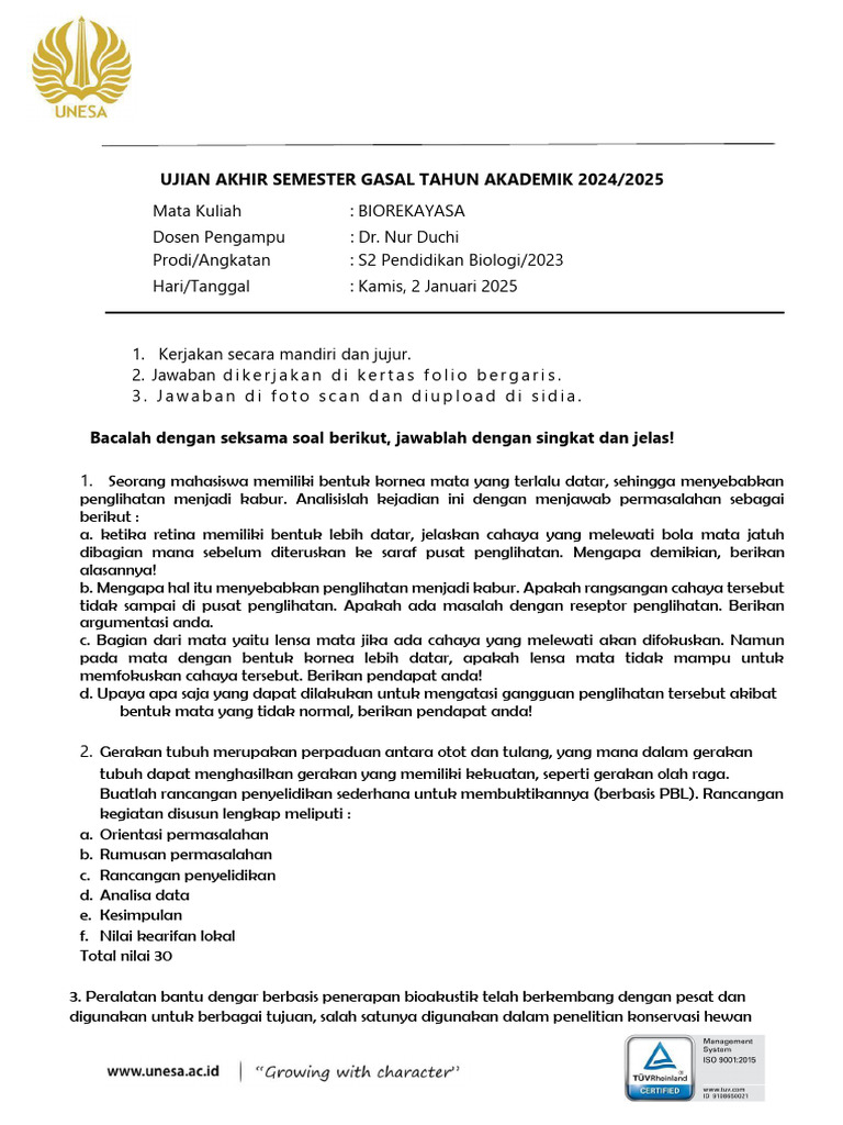 Soal UAS BIOREKAYASA SMT Gasal 2024 -2025 | PDF