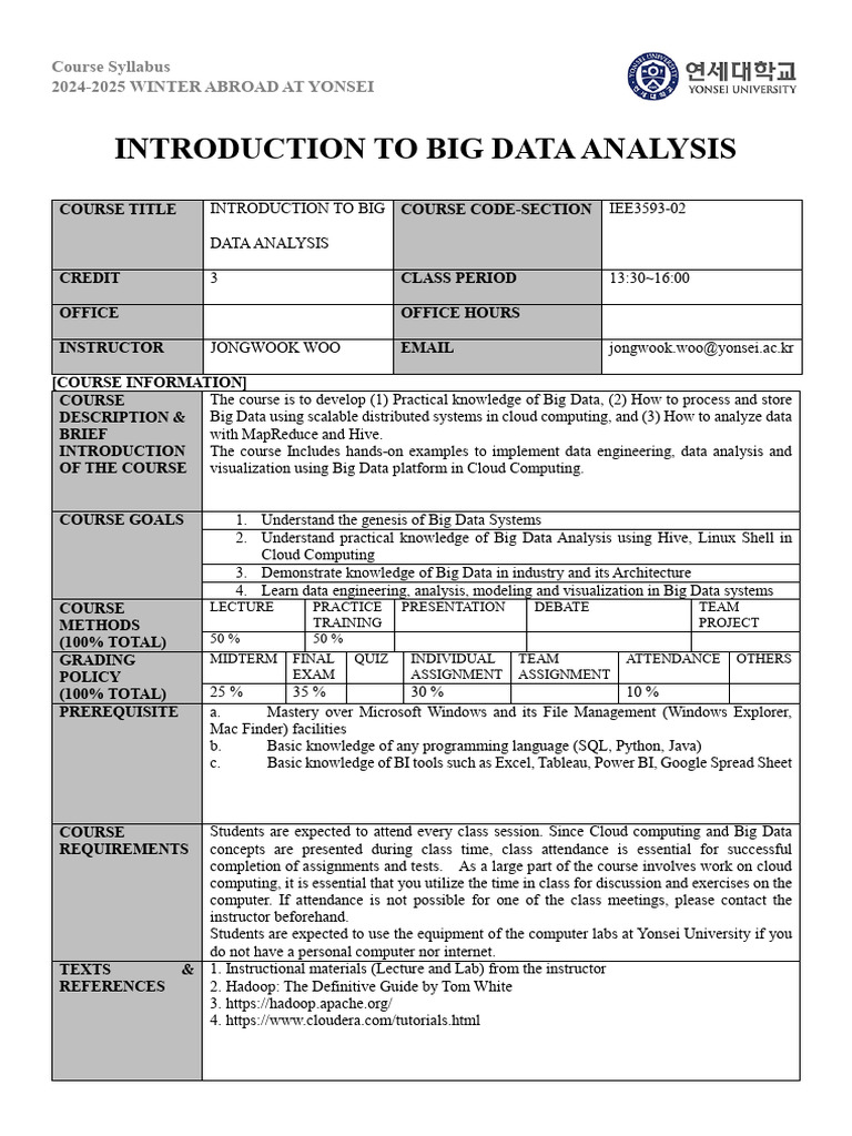 2024 Way - Iee3593-02 - Introduction To Big Data Analysis - Jongwook Woo - P2 | PDF | Apache ...
