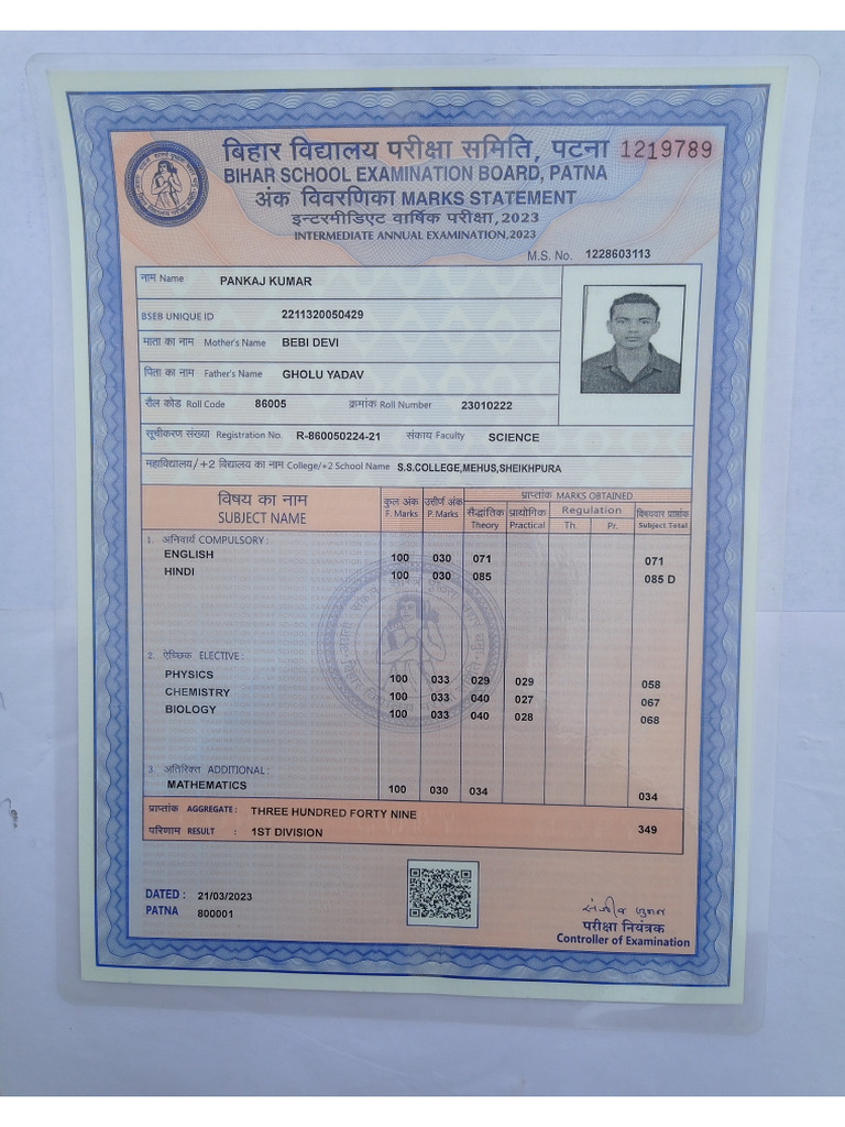 12Th Marksheet Pankaj Kumar | PDF