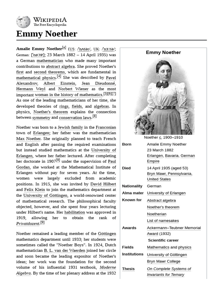 Emmy Noether | PDF | Ring (Mathematics) | Group (Mathematics)