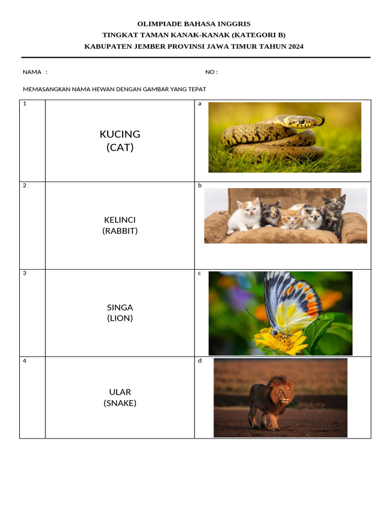 Soal Bahasa Inggris TK B | PDF