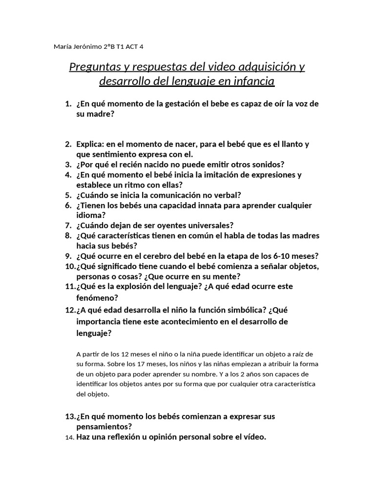 Preguntas Documental Adquisicion Del Lenguaje | PDF