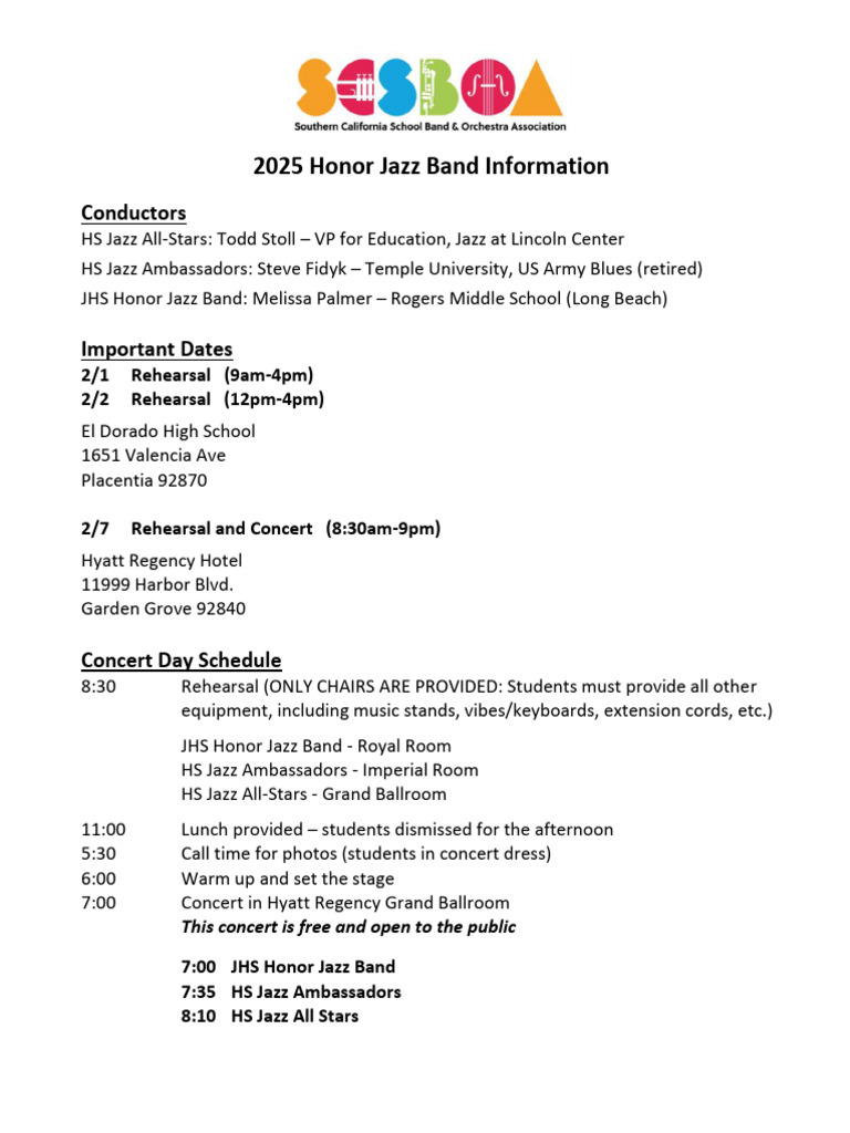 2025 SCSBOA Honor Jazz Info | PDF
