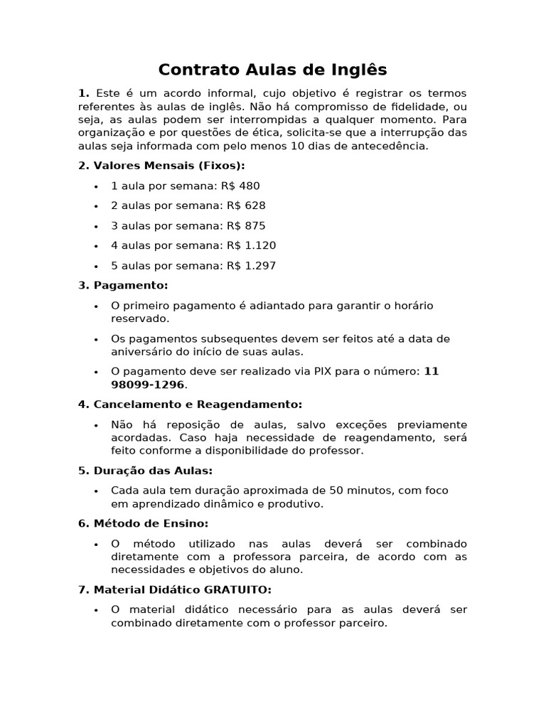 Contrato de Aulas de Inglês Personalizadas | PDF | Comentários