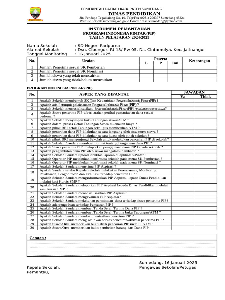 Instrumen Pemantauan Pip SMP-2024 | PDF