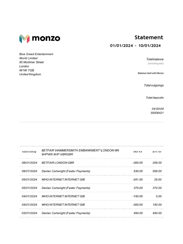 Monzo Bank Statement 2020 01 10 115253 | PDF