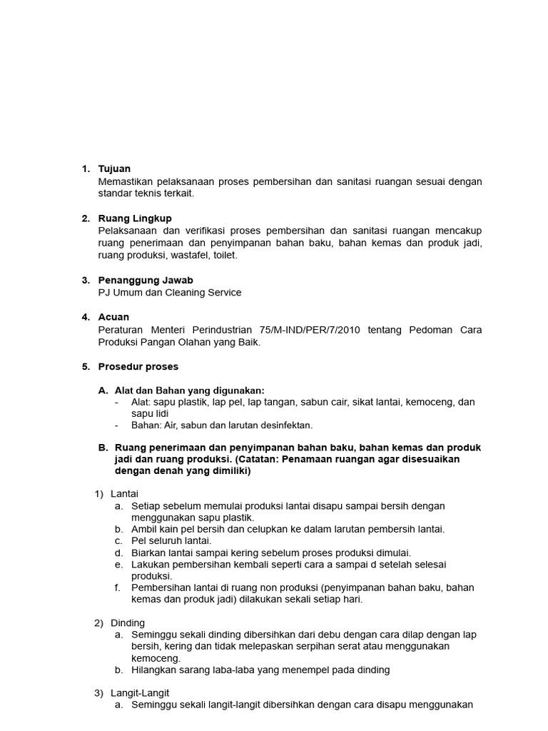 SOP Sanitasi Fasilitas Produksi | PDF