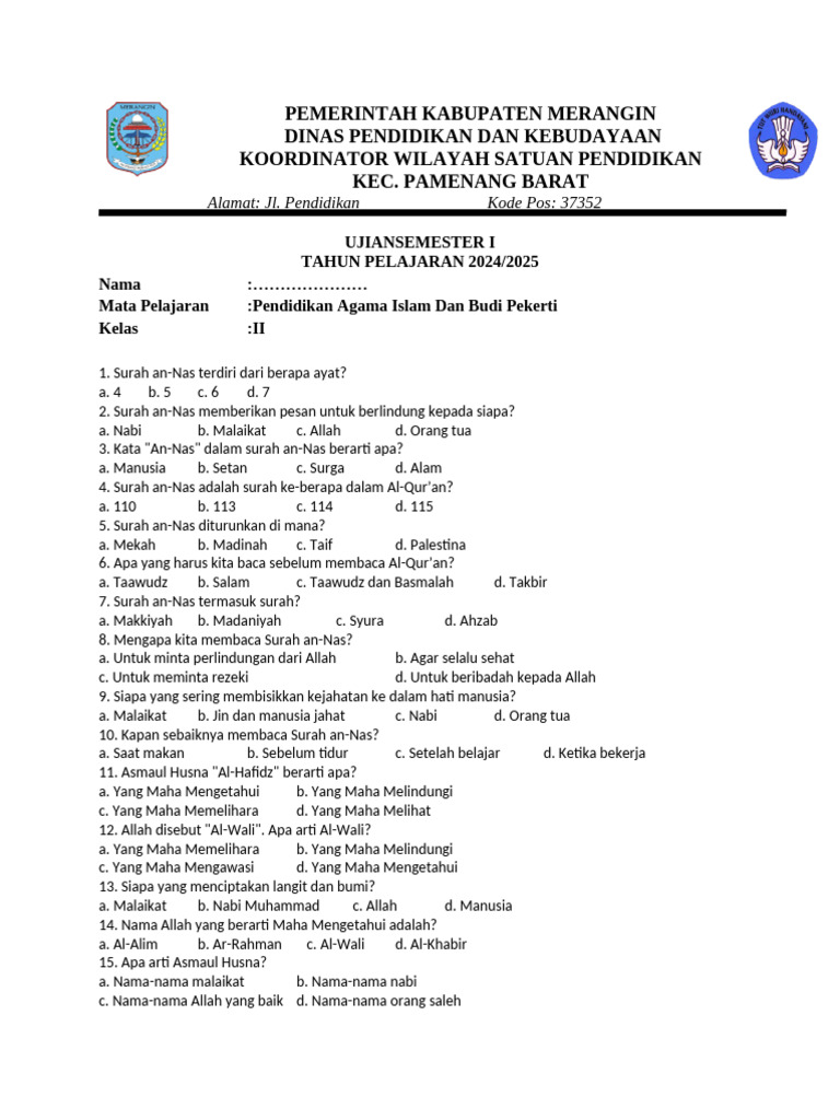 soal kls 2 smes 1 th 2024 | PDF