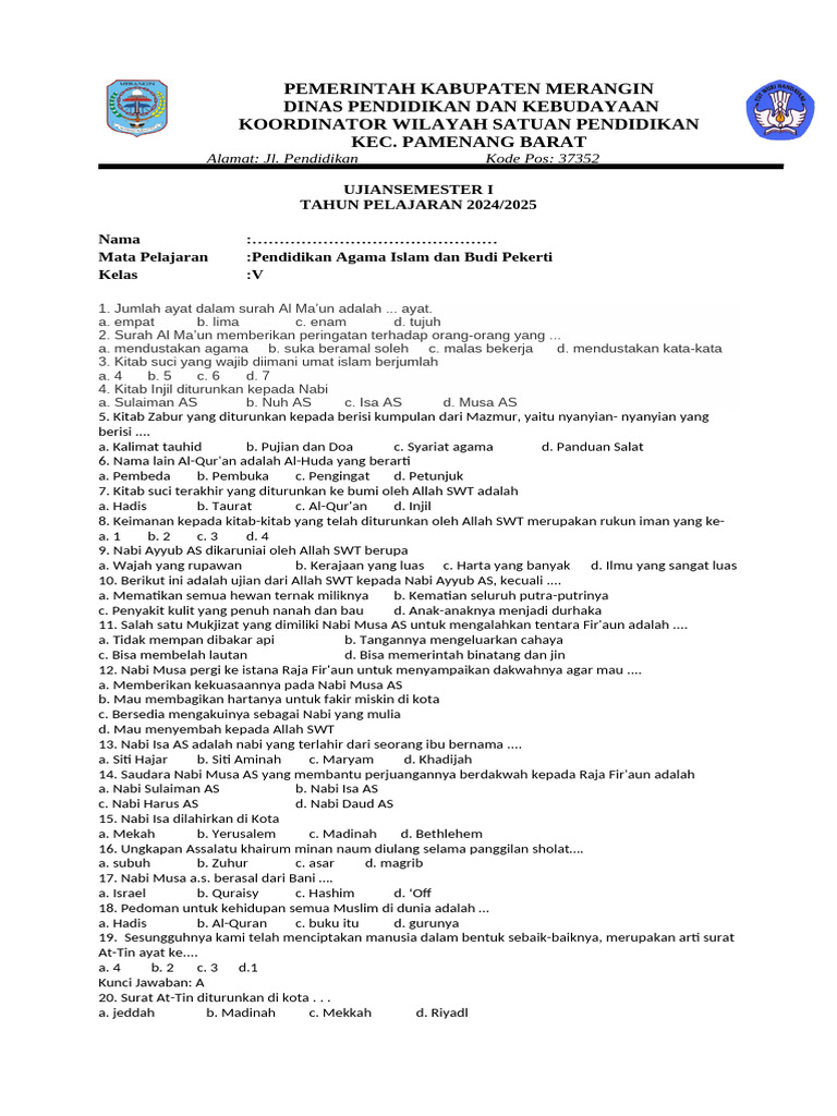 Soal Pai kls 5 smes 1 th 2024 | PDF