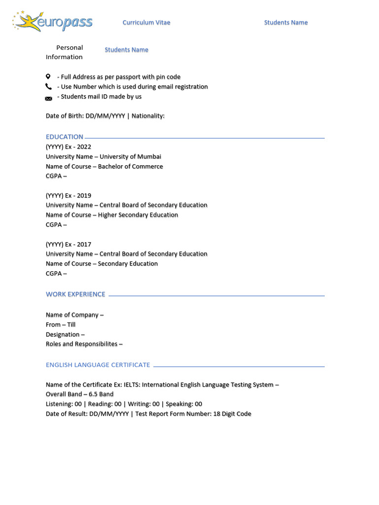 Euro Pass CV For Masters | PDF