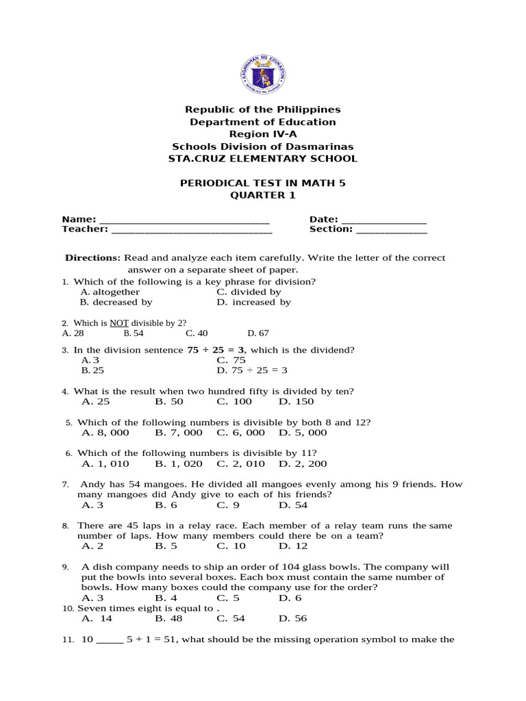 Math 5 Q1 Pt-2023-2024-Romero | PDF | Mathematics | Arithmetic