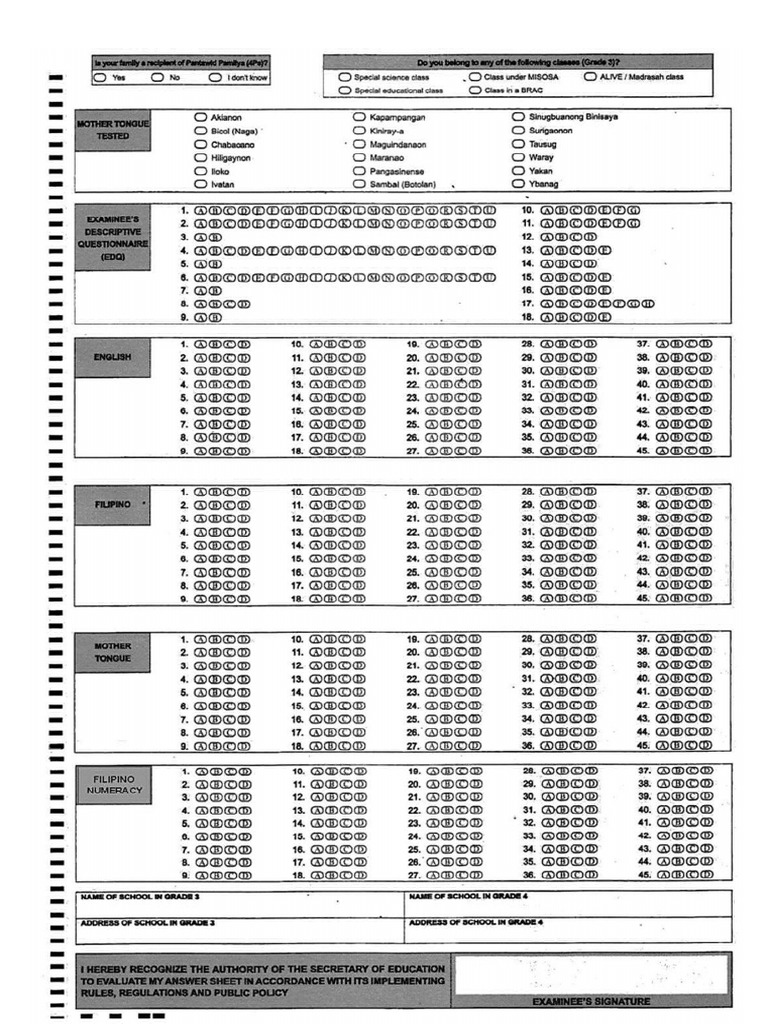 ELLNA ANSWERSHEET Back | PDF