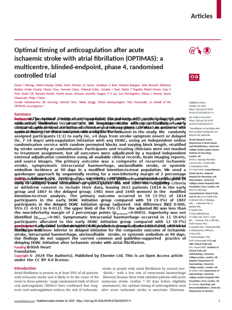 Optimal Timing of Anticoagulation After Acute Ischaemic Stroke With AF ...