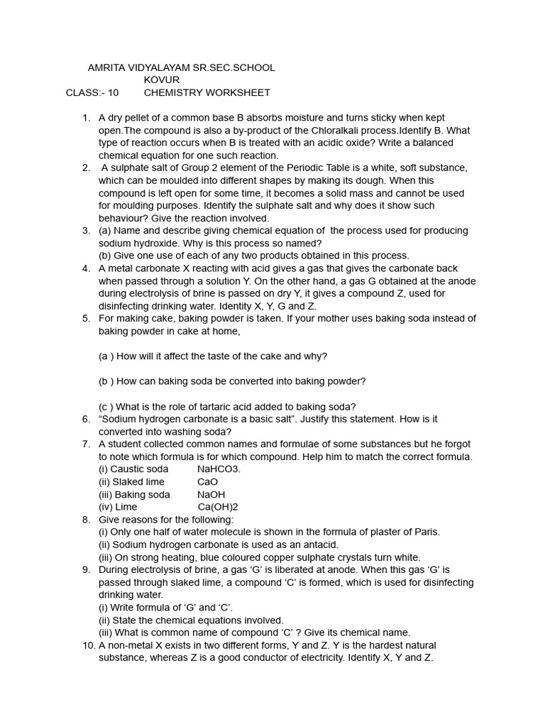 Class 10 worksheet | PDF | Sodium Carbonate | Sodium Bicarbonate