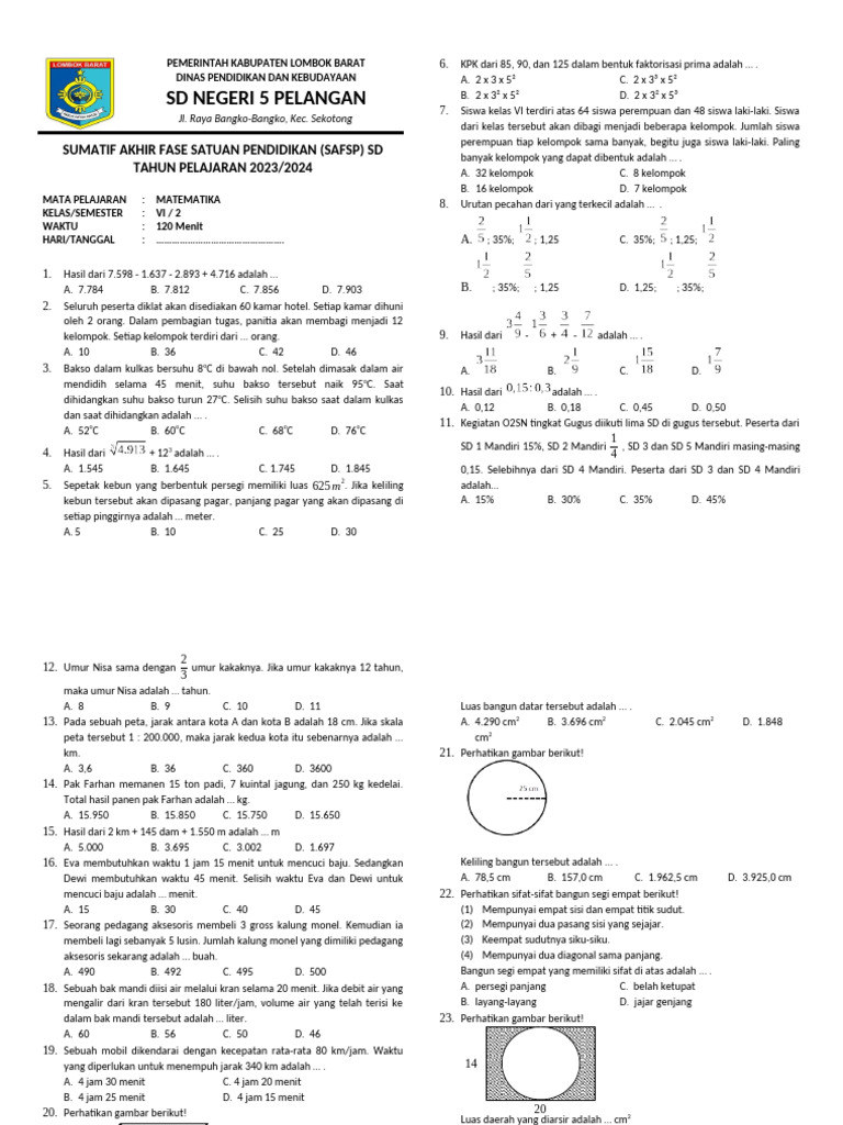 Naskah Soal USP - SD - Lobar - 2021 - Matematika - Paket 1 | PDF