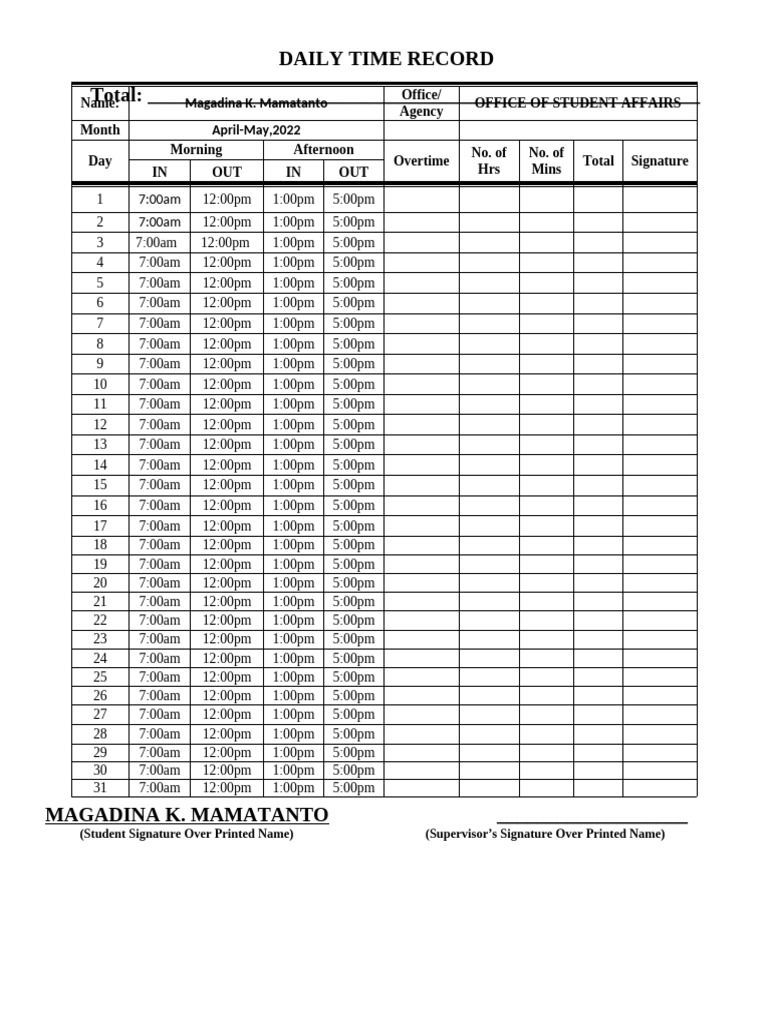 Daily Time Record for Students | PDF