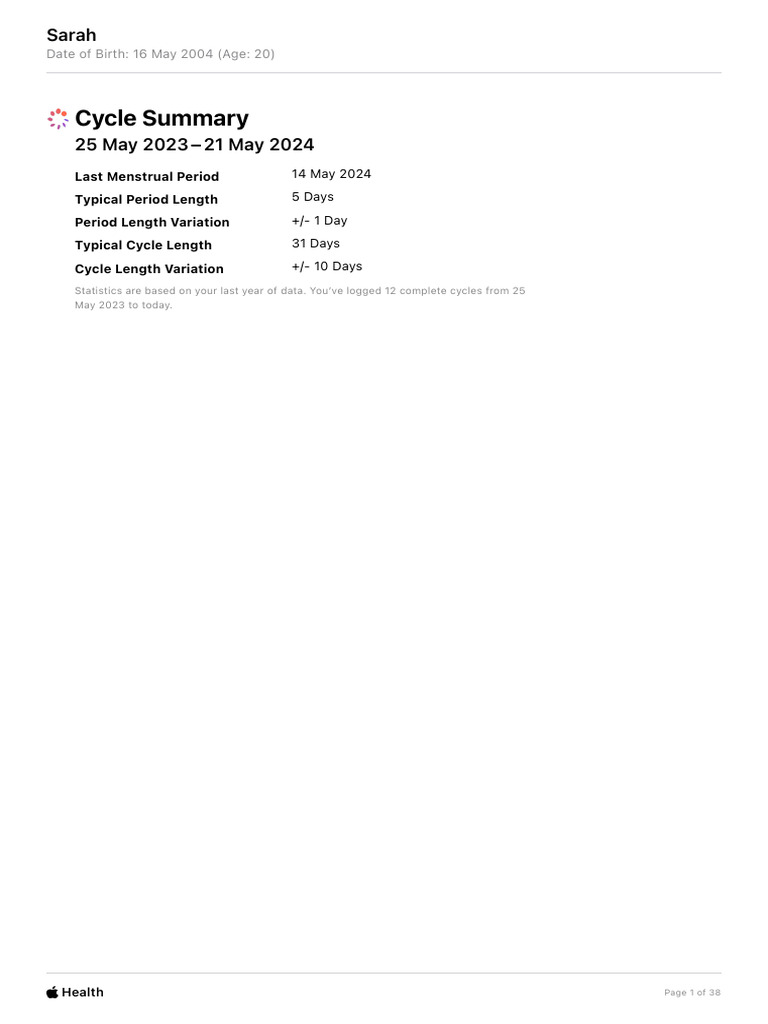 Health - Sarah - 12-Month Cycle History Ending 2024-05-21 | PDF
