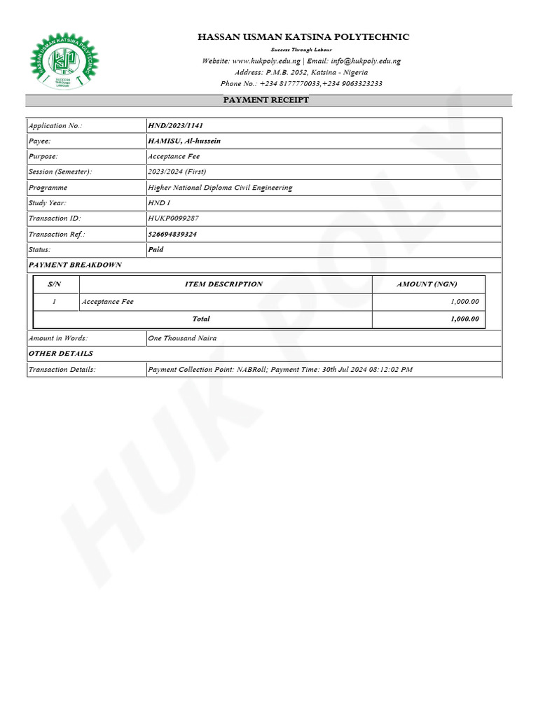 Receipt99287 HND20231141 Acceptance Fee | PDF