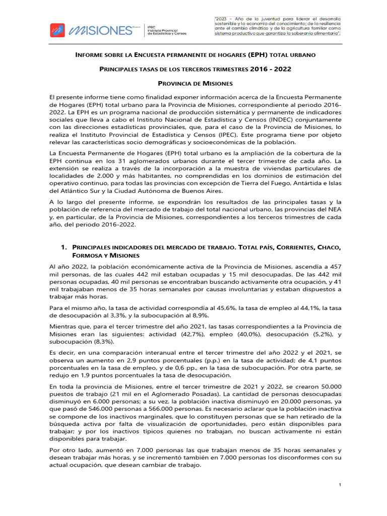 Informe Mercado Trabajo EPH Extendida Total Misiones 2016-2022 IPEC | PDF | Empleo | Censo