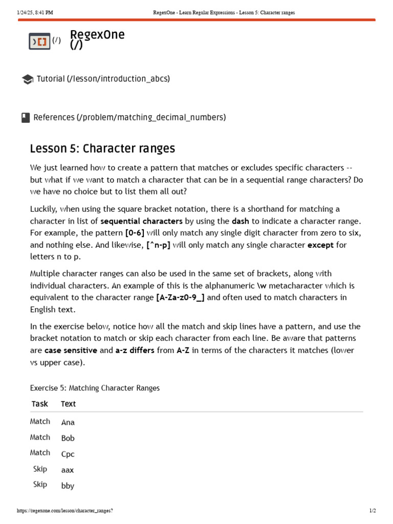 RegexOne - Learn Regular Expressions - Lesson 5 - Character Ranges | PDF | Regular Expression ...