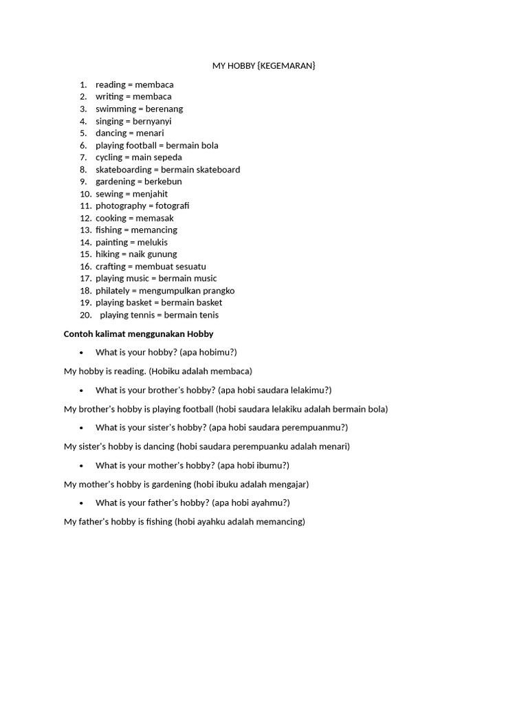 My Hobbies and Their Examples | PDF