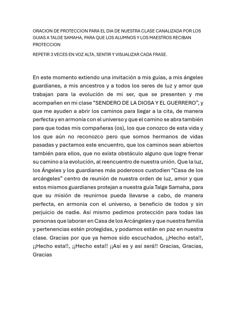 Oracion de Proteccion para El Dia de Nuestra Clase Canalizada Por Los ...