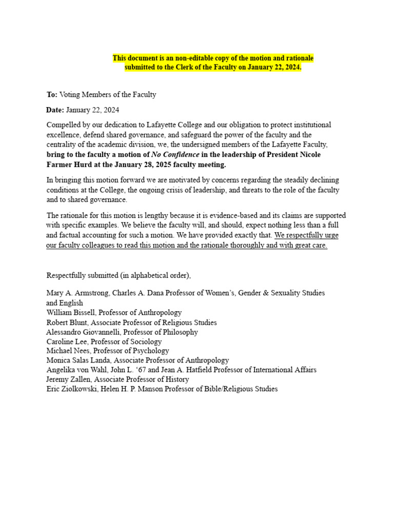 Motion of No Confidence in Lafayette College President Nicole Farmer ...