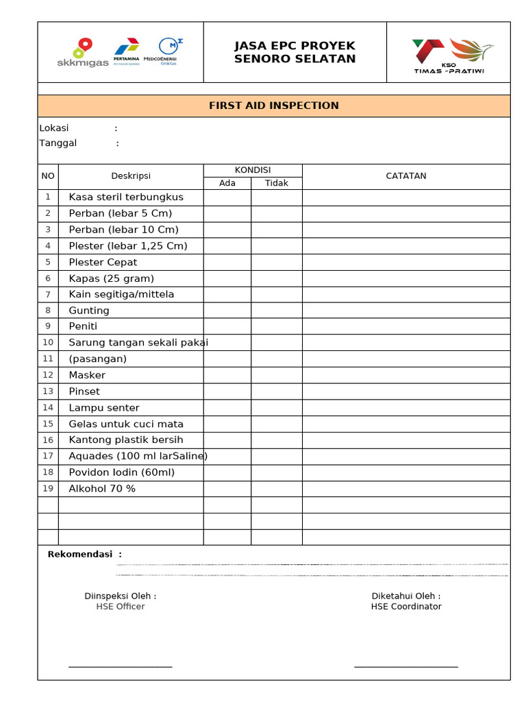 KTP - Checklist First Aid Inspection | PDF