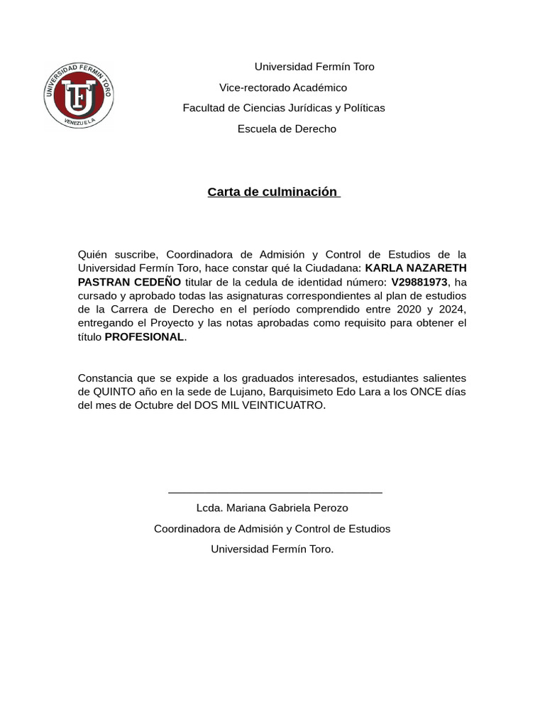 Carta de Culminación | PDF