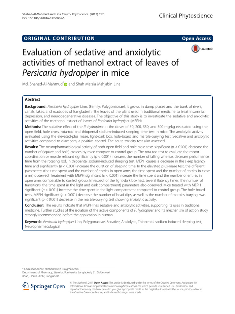 Evaluation of Sedative and Anxiolytic Activities of Methanol Extract Of.... (G 4) | PDF | Drugs ...