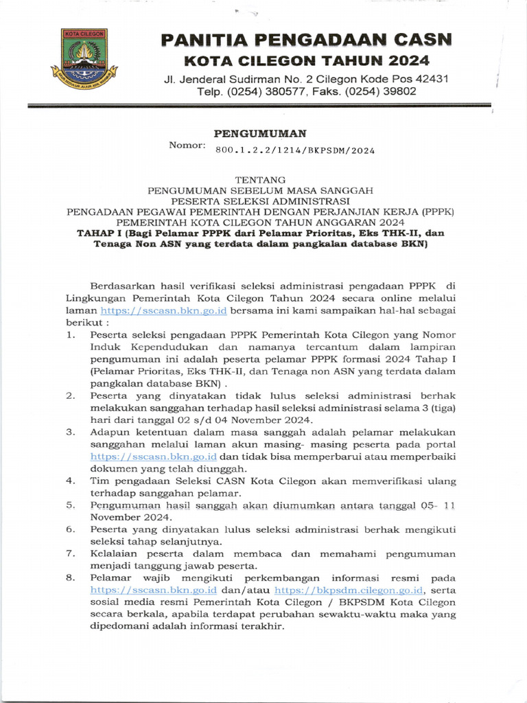 Pengumuman Pra Sanggah Hasil Seleksi Administrasi PPPK 2024 tahap I | PDF