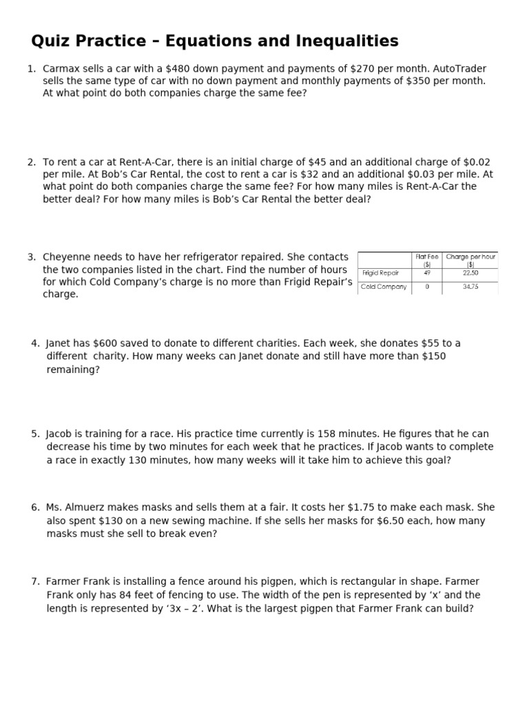 Equations and Inequalities Quiz Practic | PDF