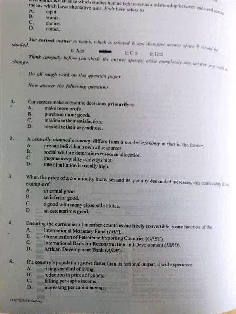 Economics (Objective) - WASSCE 2024 | PDF
