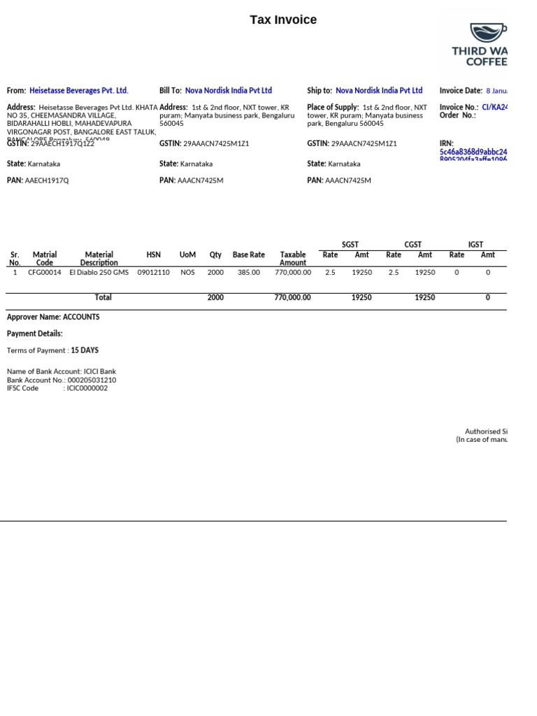 Tax Invoice for Heisetasse Beverages | PDF | Payments | Trade