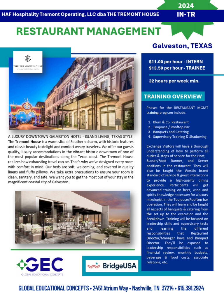 2024 PPT HAF Hospitality DBA The Tremont House RESTAURANT MGMT | PDF | Galveston