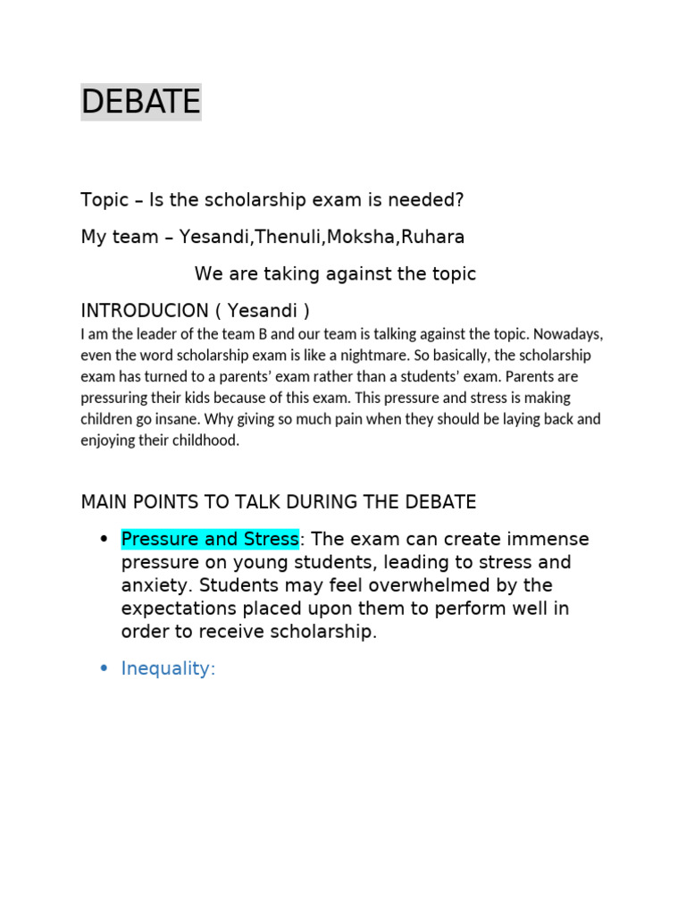 Debate Against Scholarship Exams | PDF