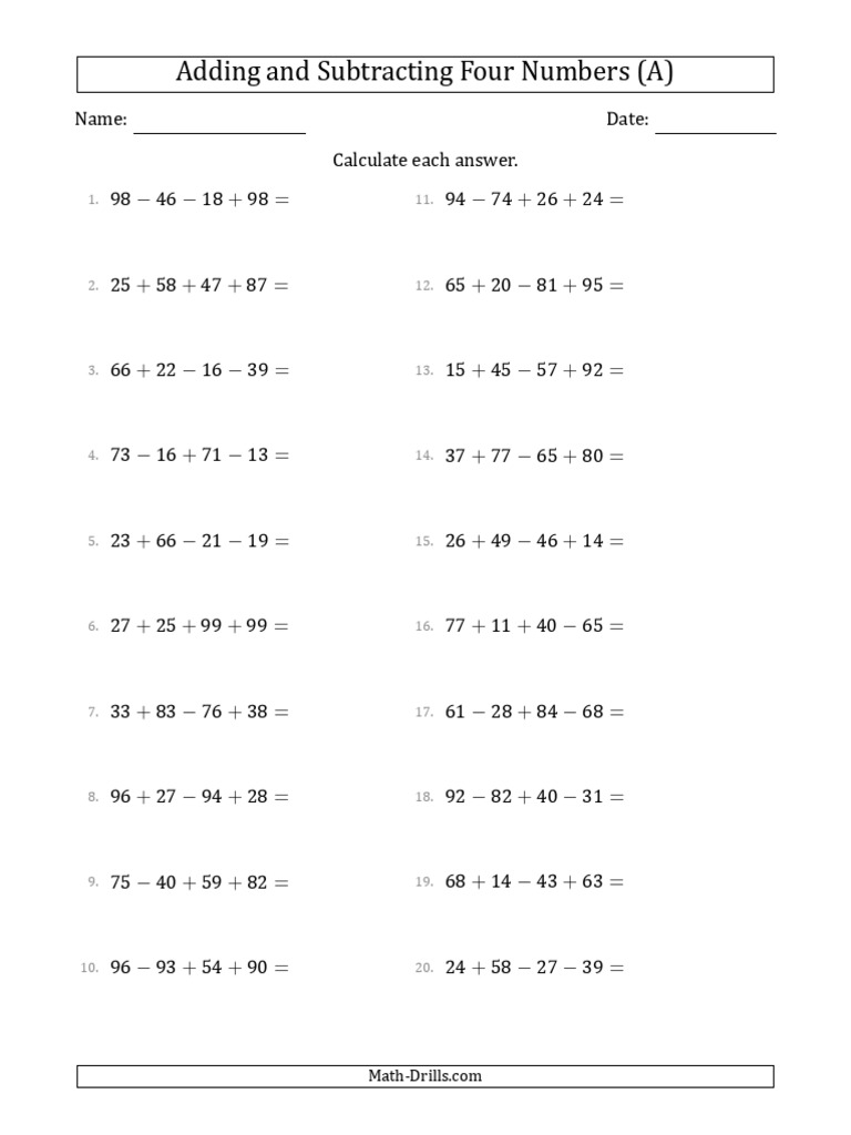 Four-Number Math Problems and Solutions | PDF