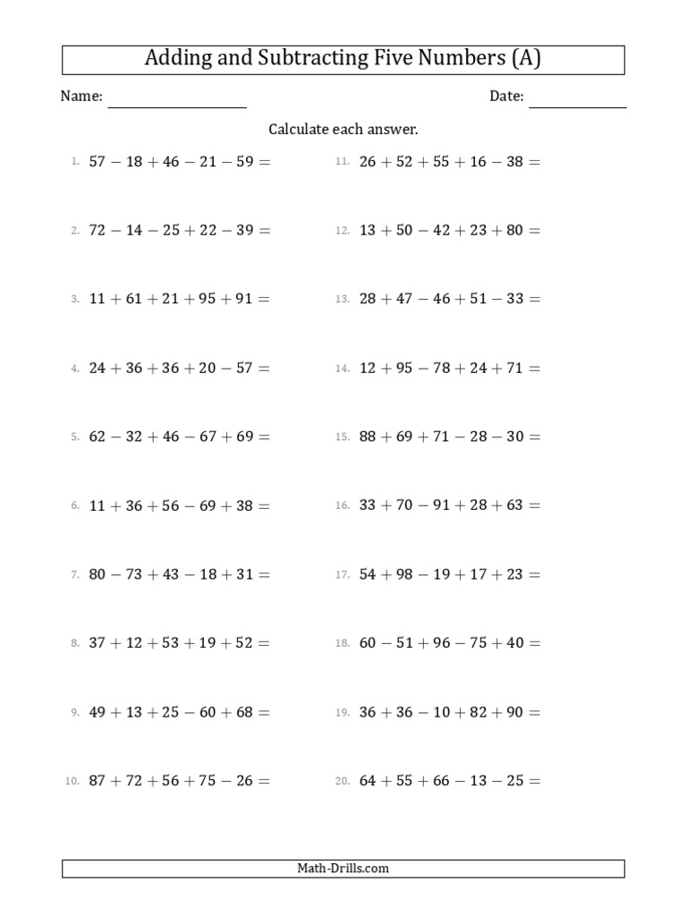 Adding and Subtracting Five Numbers | PDF