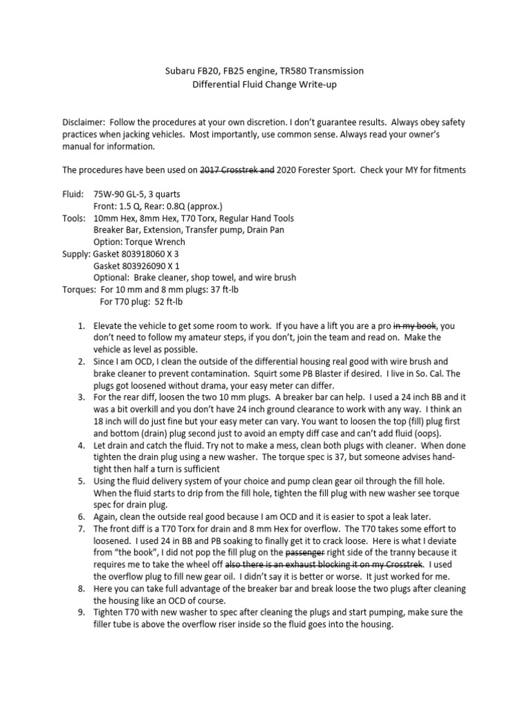 Subaru FB Diff Fluid | PDF | Vehicles | Motor Vehicle