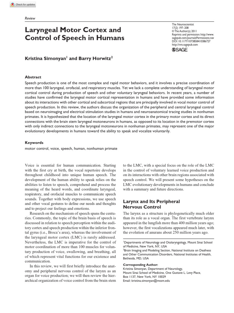 Laryngeal Motor Cortex in Speech Control | PDF | Larynx | Human Voice