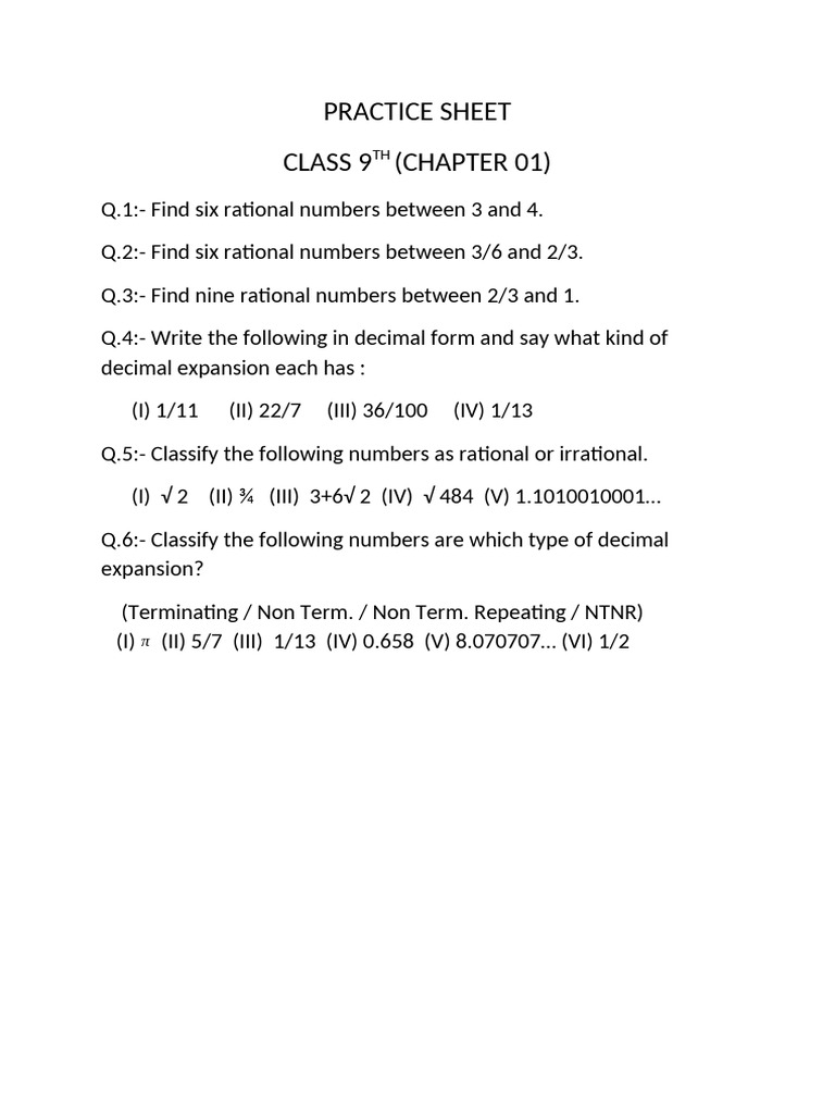 Class 9th Practice 01 Number System | PDF
