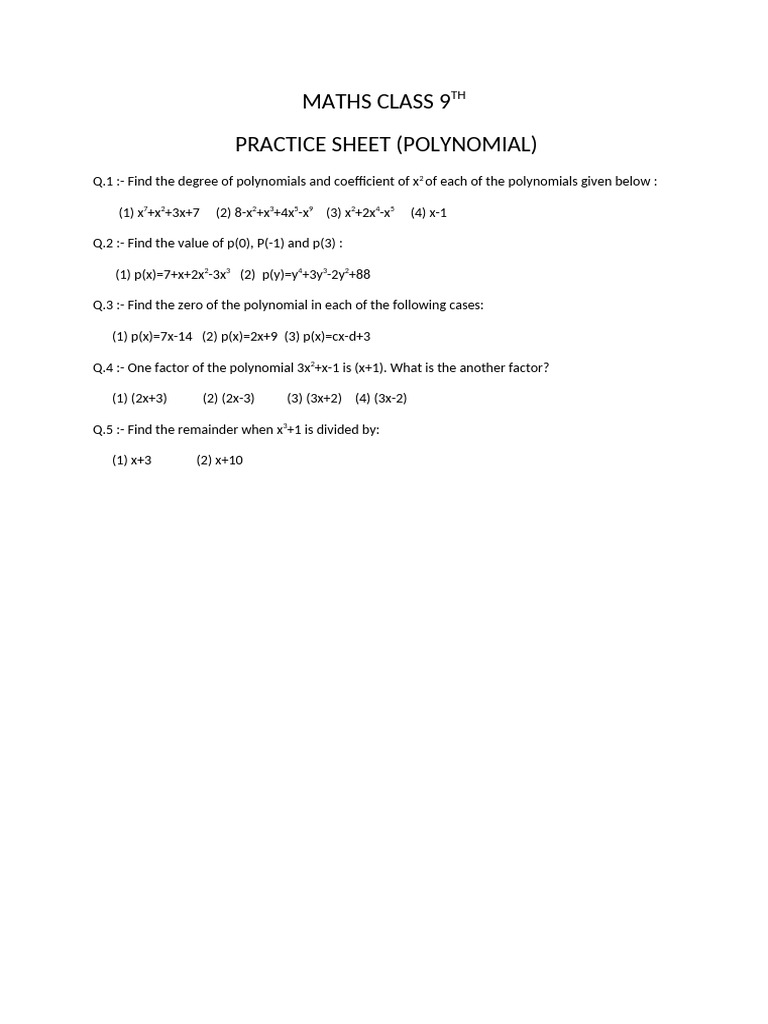 Class 9th Practice 02 Polynomial | PDF