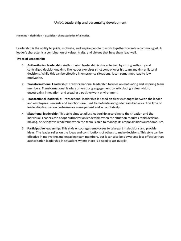 sem 2 unit 1 | PDF | Leadership | Transformational Leadership